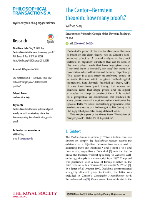 (PDF) The Cantor–Bernstein theorem: how many proofs?