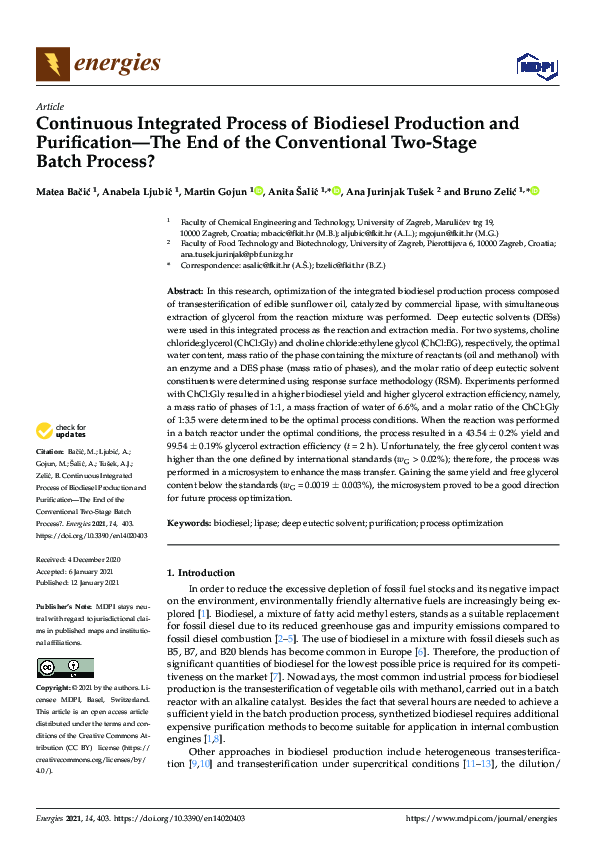 (PDF) Continuous Integrated Process of Biodiesel Production and ...