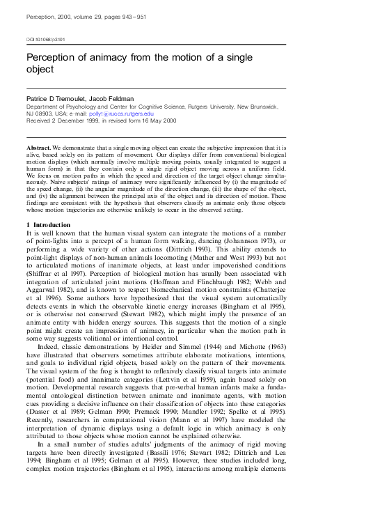 (PDF) Perception of Animacy from the Motion of a Single Object | Jacob ...