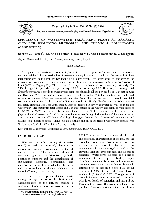 (PDF) Efficiency of Wastewater Treatment Plant at Zagazig City for ...