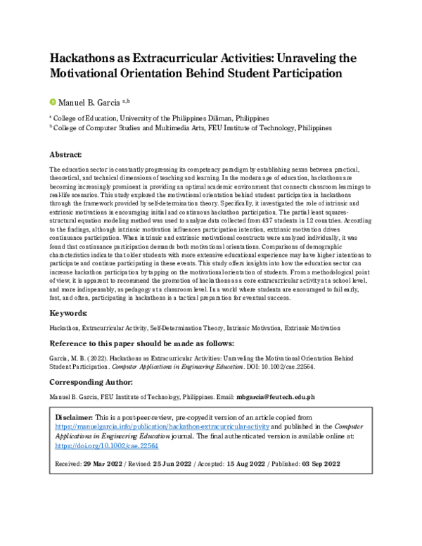 (PDF) Hackathons as Extracurricular Activities: Unraveling the ...