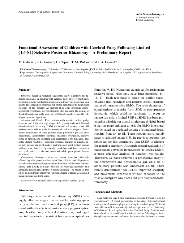 (PDF) Functional Assessment of Children with Cerebral Palsy Following ...