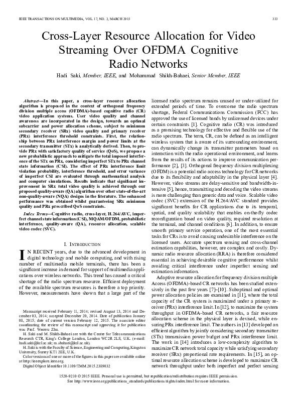 Pdf Cross Layer Resource Allocation For Video Streaming Over Ofdma Cognitive Radio Networks
