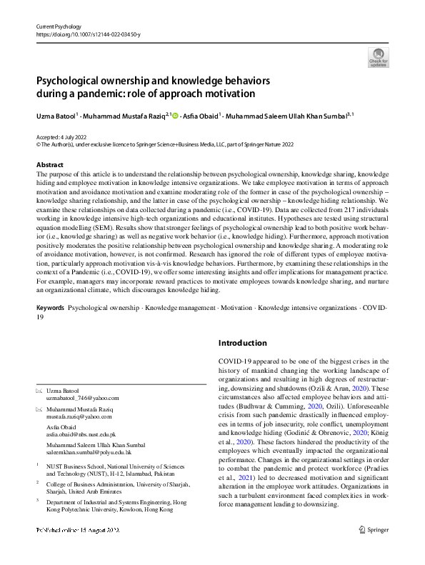 (PDF) Psychological ownership and knowledge behaviors during a pandemic ...