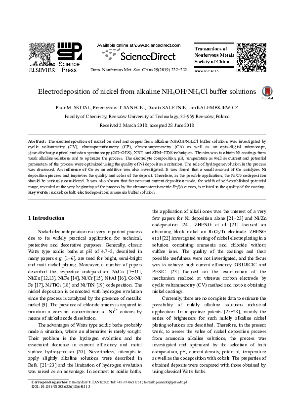 (PDF) Electrodeposition of nickel from alkaline NH4OH/NH4Cl buffer ...
