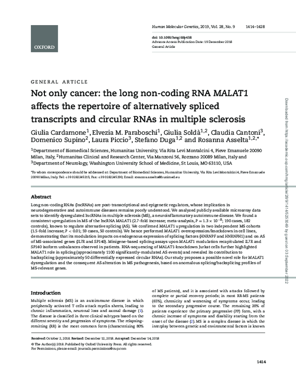 (PDF) Not only cancer: the long non-coding RNA MALAT1 affects the repertoire of alternatively ...