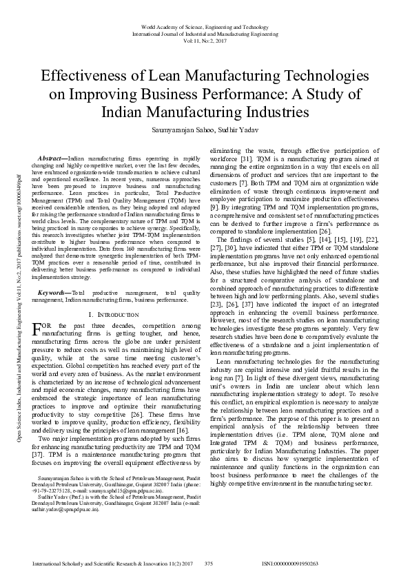 (PDF) Effectiveness Of Lean Manufacturing Technologies On Improving ...
