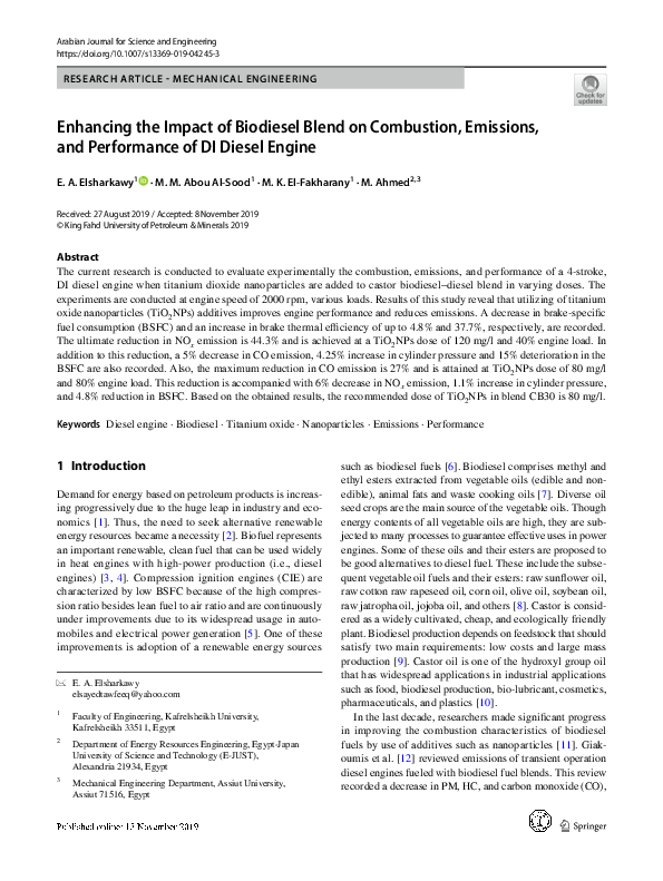 (PDF) Enhancing the Impact of Biodiesel Blend on Combustion, Emissions, and Performance of DI ...