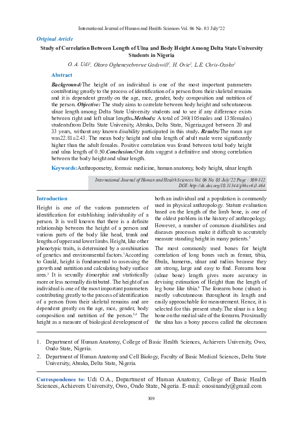(PDF) Study of Correlation Between Length of Ulna and Body Height Among ...