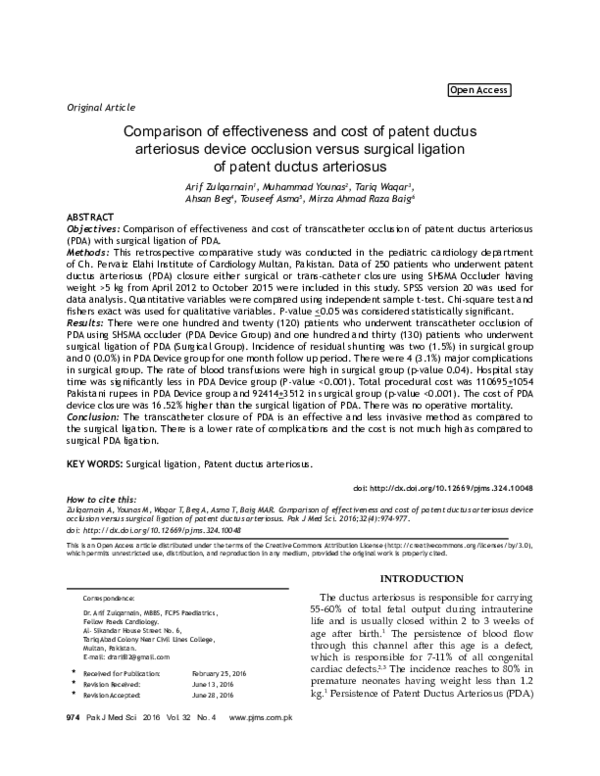 (PDF) Comparison of Effectiveness and Cost of Patent Ductus Arteriosus ...