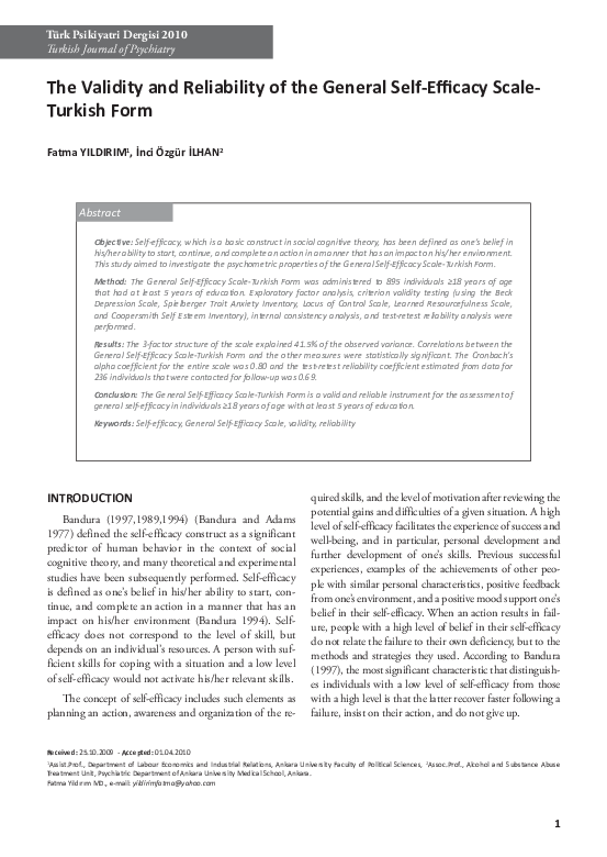Pdf [the Validity And Reliability Of The General Self Efficacy Scale