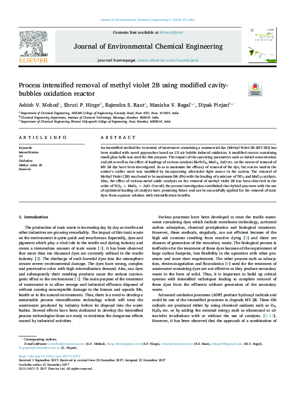 (PDF) Process intensified removal of methyl violet 2B using modified ...