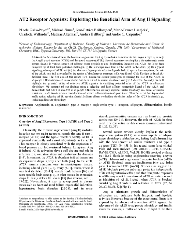 (PDF) AT2 Receptor Agonists: Exploiting the Beneficial Arm of Ang II Signaling