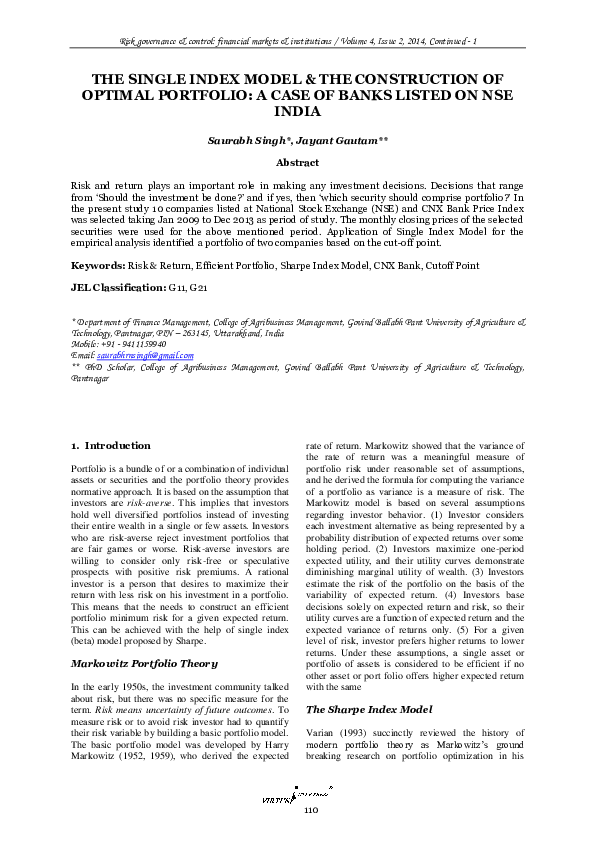 (PDF) The Single Index Model & the Construction of Optimal Portfolio: A Case of Banks Listed on ...