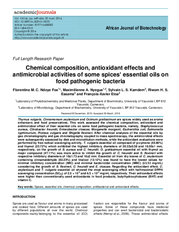 (PDF) Chemical composition, antioxidant effects and antimicrobial activities of some spices ...