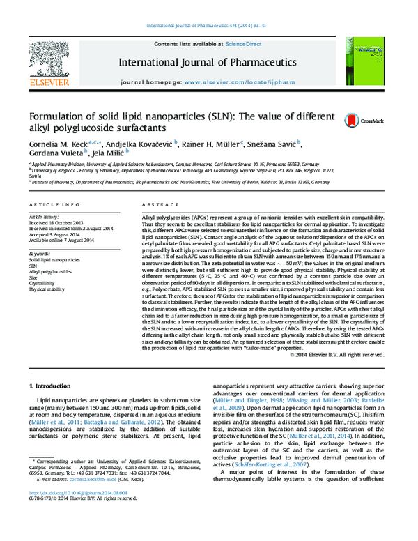 (PDF) Formulation of solid lipid nanoparticles (SLN): The value of different alkyl polyglucoside ...