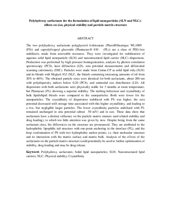 (PDF) Polyhydroxy surfactants for the formulation of lipid ...