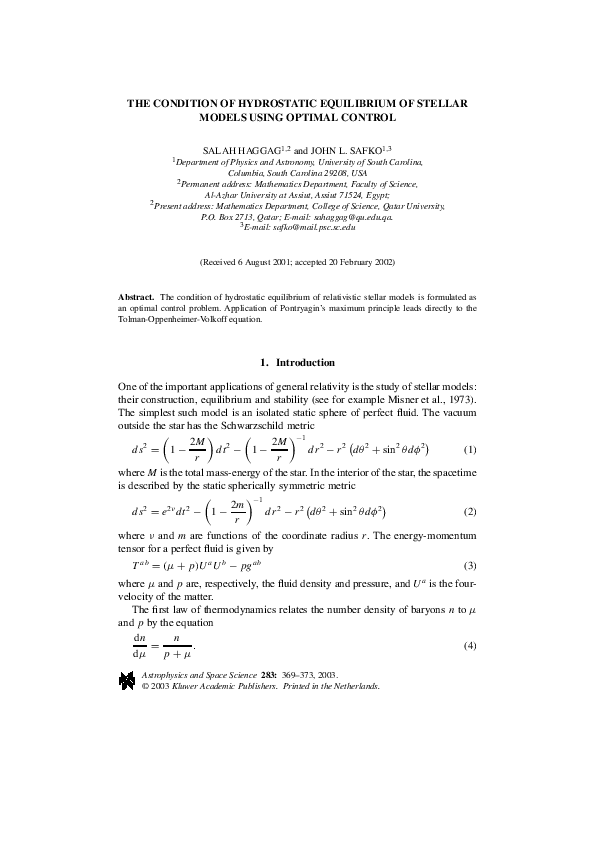 (PDF) The Condition of Hydrostatic Equilibrium of Stellar Models Using ...