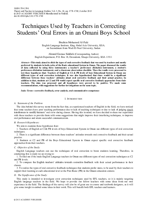(PDF) Techniques Used by Teachers in Correcting Students’ Oral Errors in an Omani Boys School