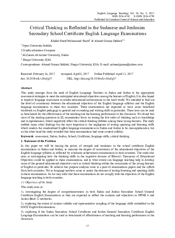 (PDF) Critical Thinking as Reflected in the Sudanese and Jordanian ...