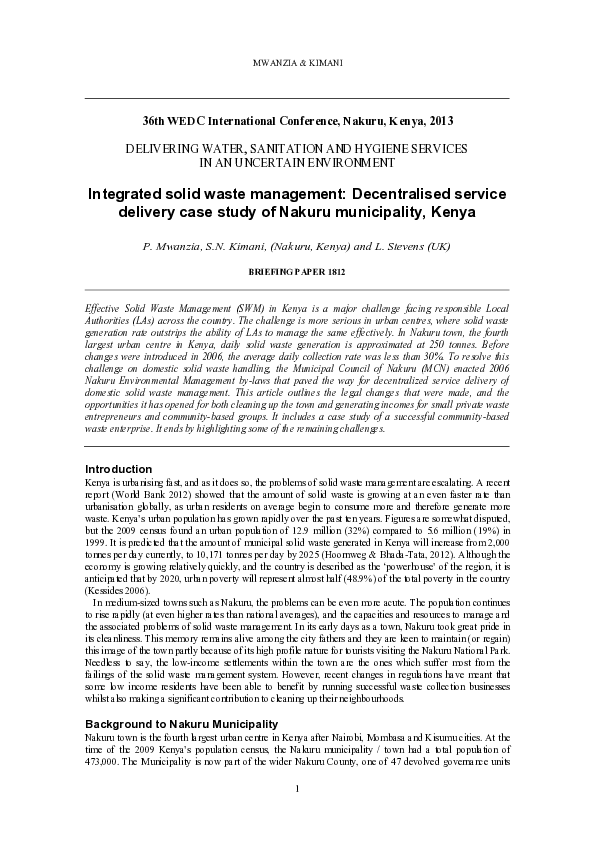 (PDF) Integrated solid waste management: decentralised service delivery case study of Nakuru ...