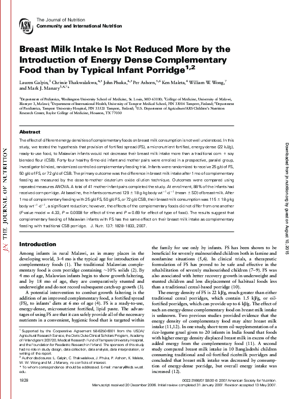 (PDF) Breast Milk Intake Is Not Reduced More by the Introduction of ...