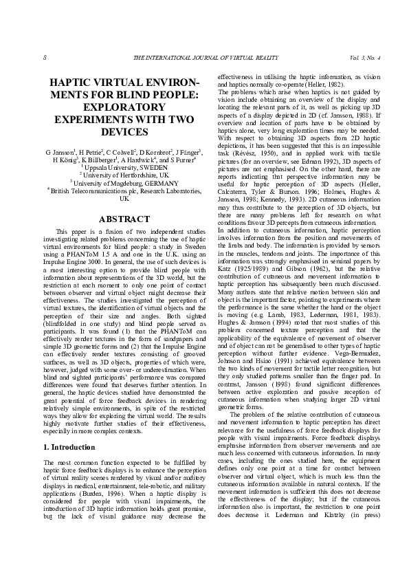 (PDF) Haptic Virtual Environments for Blind People: Exploratory Experiments with Two Devices