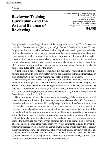 (PDF) Reviewer Training Curriculum and the Art and Science of Reviewing
