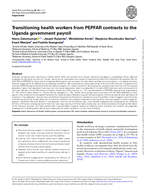 (PDF) Transitioning health workers from PEPFAR contracts to the Uganda ...