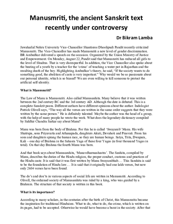 (DOC) Manusmriti, the ancient Sanskrit text recently under controversy