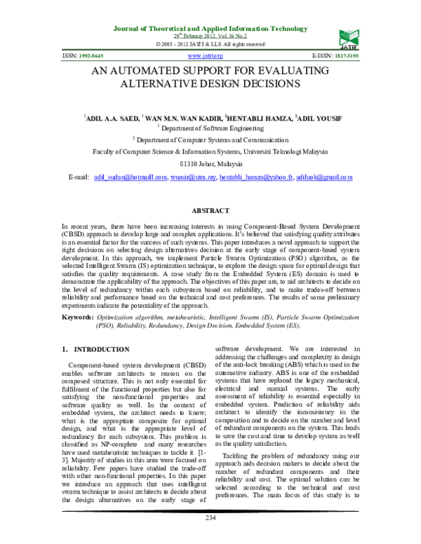 Pdf An Automated Support For Evaluating Alternative Design Decisions