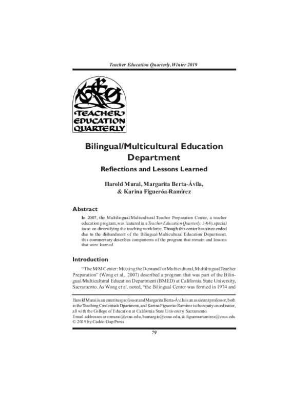 (PDF) Bilingual/Multicultural Education Department: Reflections and ...