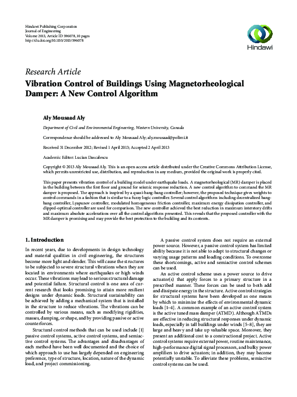 (PDF) Vibration Control of Buildings Using Magnetorheological Damper: A ...