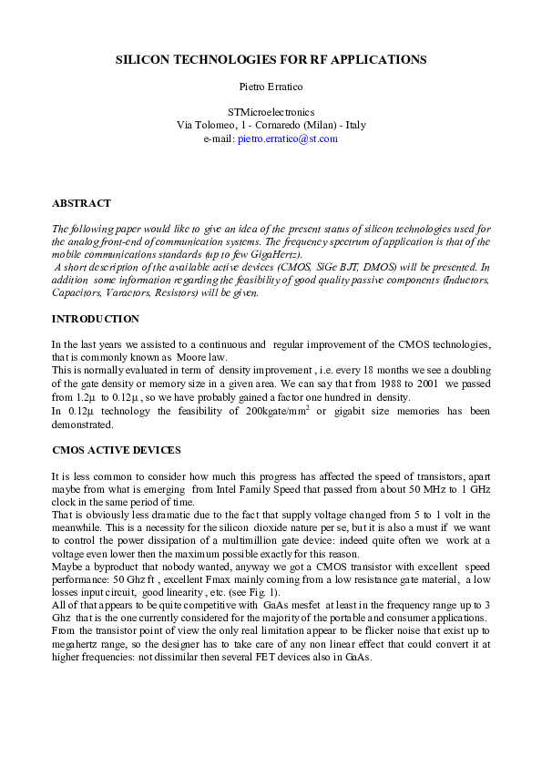 Pdf Silicon Technologies For Rf Applications