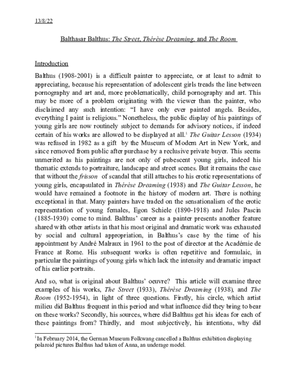 (DOC) Balthasar Balthus: The Street, Thérèse Dreaming, and The Room
