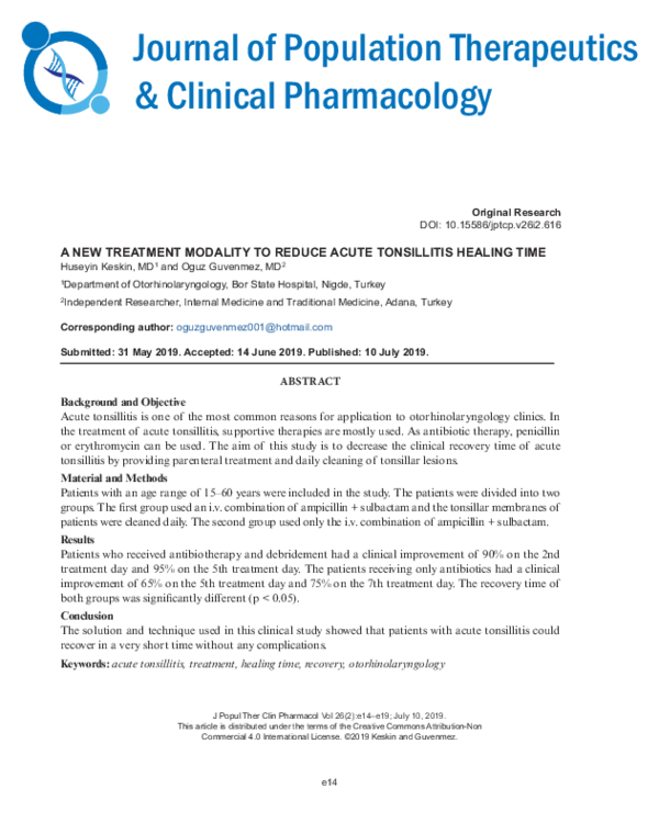 (PDF) A New Treatment Modality to Reduce Acute Tonsillitis Healing Time