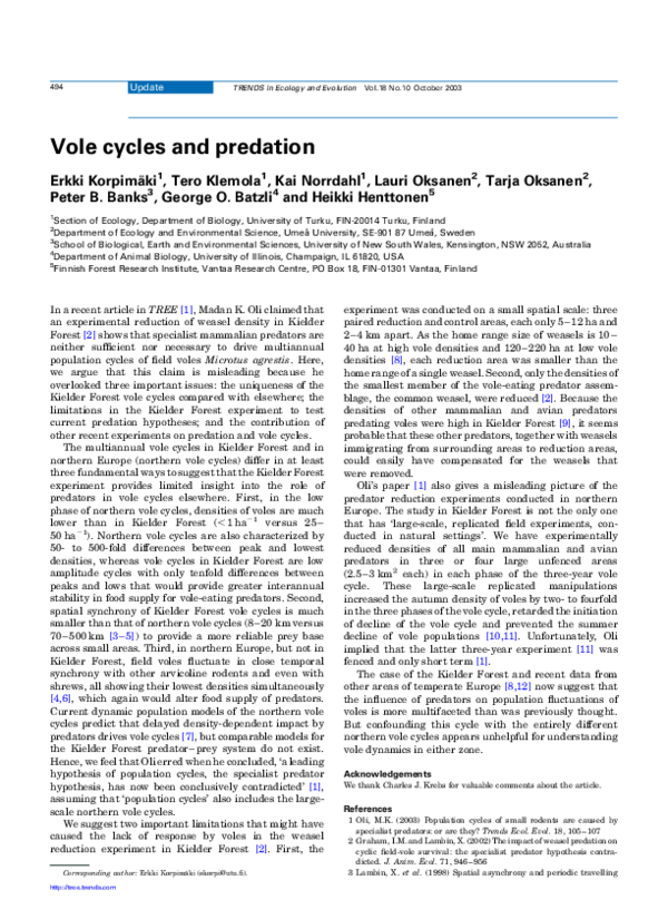 (PDF) Vole cycles and predation | Tarja Oksanen - Academia.edu