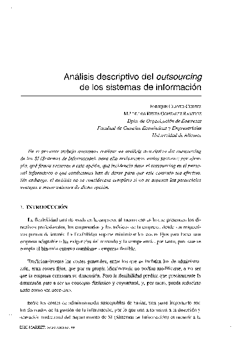 (PDF) Análisis descriptivo del outsourcing de los sistemas de información