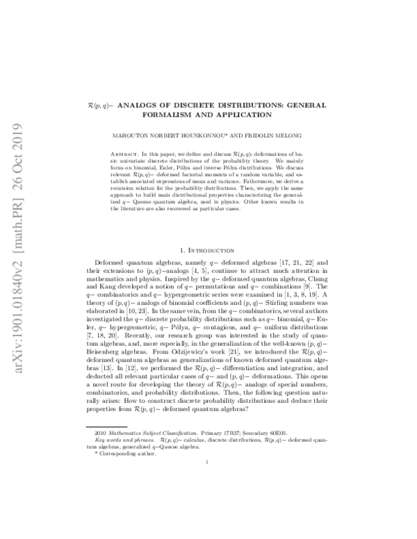 (PDF) R(p,q) Analogs of Discrete Distributions: General Formalism and Applications