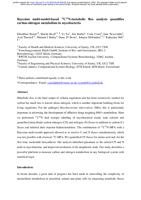(PDF) Bayesian multi-model-based 13C15N-metabolic flux analysis quantifies carbon-nitrogen ...