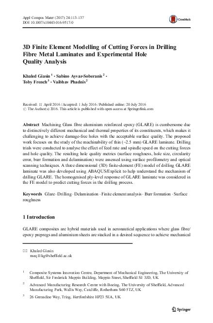 Pdf 3d Finite Element Modelling Of Cutting Forces In Drilling Fibre Metal Laminates And