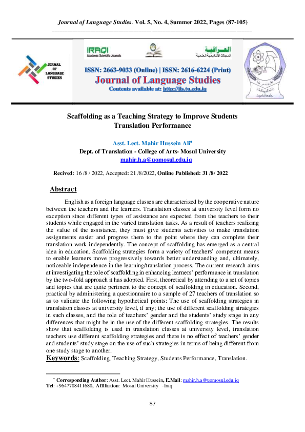 (PDF) Scaffolding as a Teaching Strategy to Improve Students Translation Performance