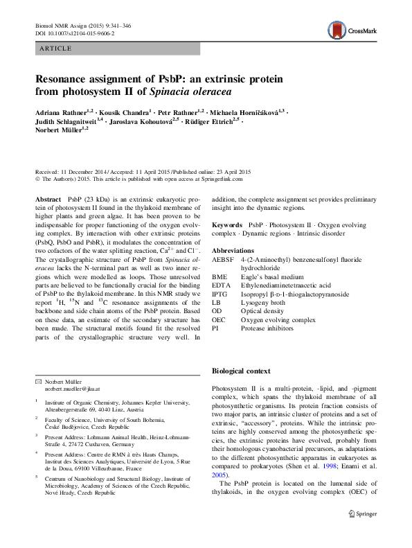 (PDF) Resonance assignment of PsbP: an extrinsic protein from ...