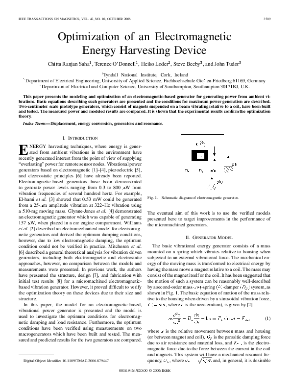 (PDF) Optimization of an Electromagnetic Energy Harvesting Device | Chitta Saha - Academia.edu