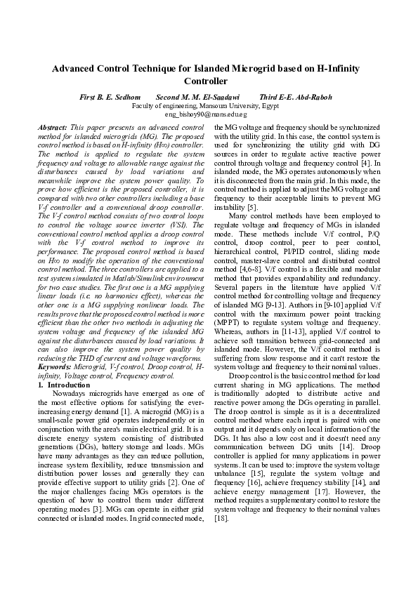 Pdf Advanced Control Technique For Islanded Microgrid Based On H Infinity Controller Magdi