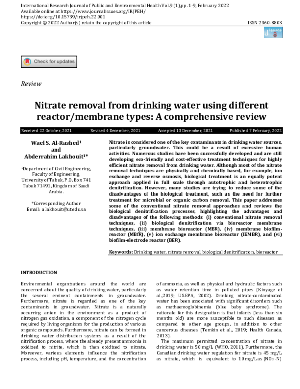 Pdf Nitrate Removal From Drinking Water Using Different Reactor Membrane Types A