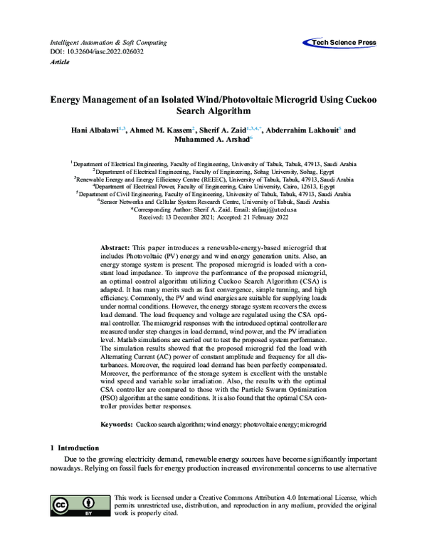 (PDF) Energy Management of an Isolated Wind/Photovoltaic Microgrid Using Cuckoo Search Algorithm