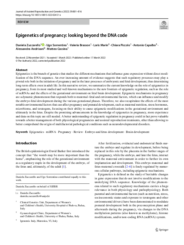 (PDF) Epigenetics of pregnancy: looking beyond the DNA code