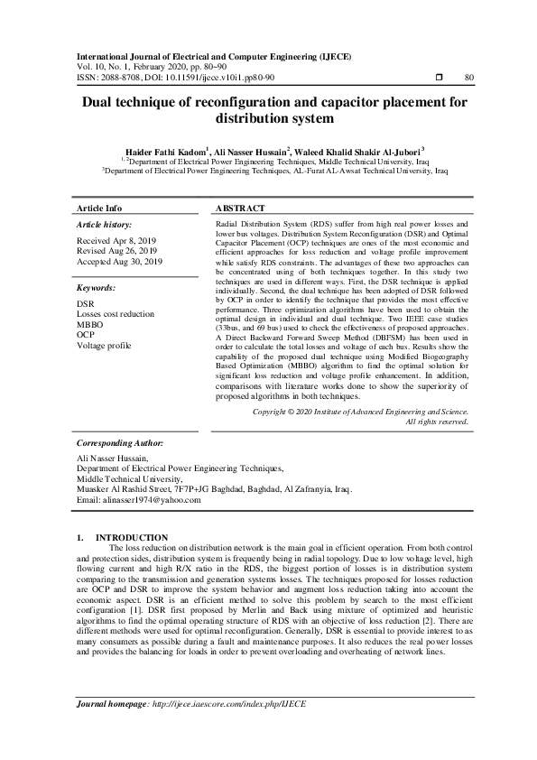 Pdf Dual Technique Of Reconfiguration And Capacitor Placement For Distribution System