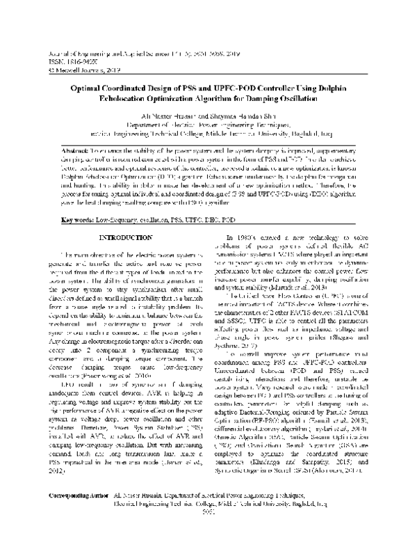 Pdf Optimal Coordinated Design Of Pss And Upfc Pod Controller Using 7427